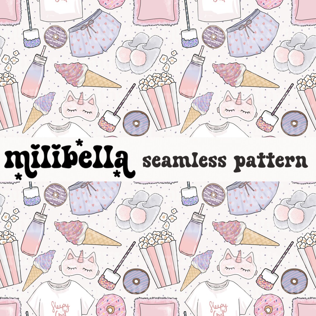 Slumber Party Seamless Pattern, Pajamas, Popcorn, Girl, Donut, Seamless ...