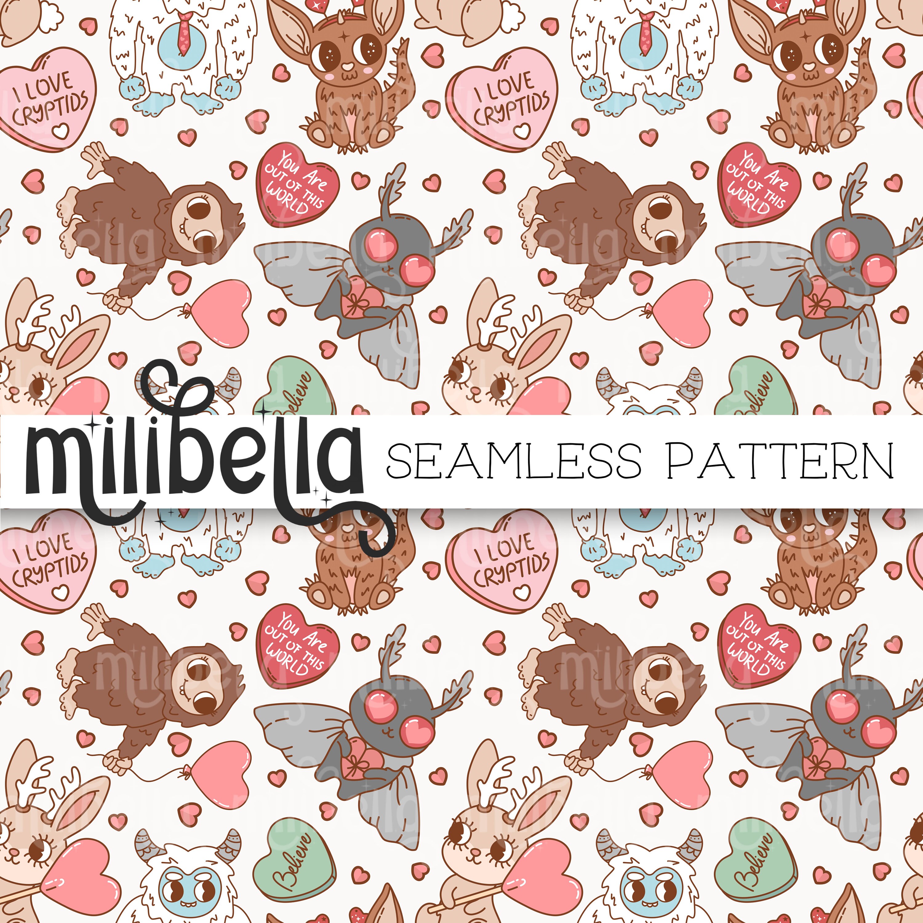 Cryptid Love, Valentine, Mothman, Yeti, Seamless Pattern, Seamless File ...