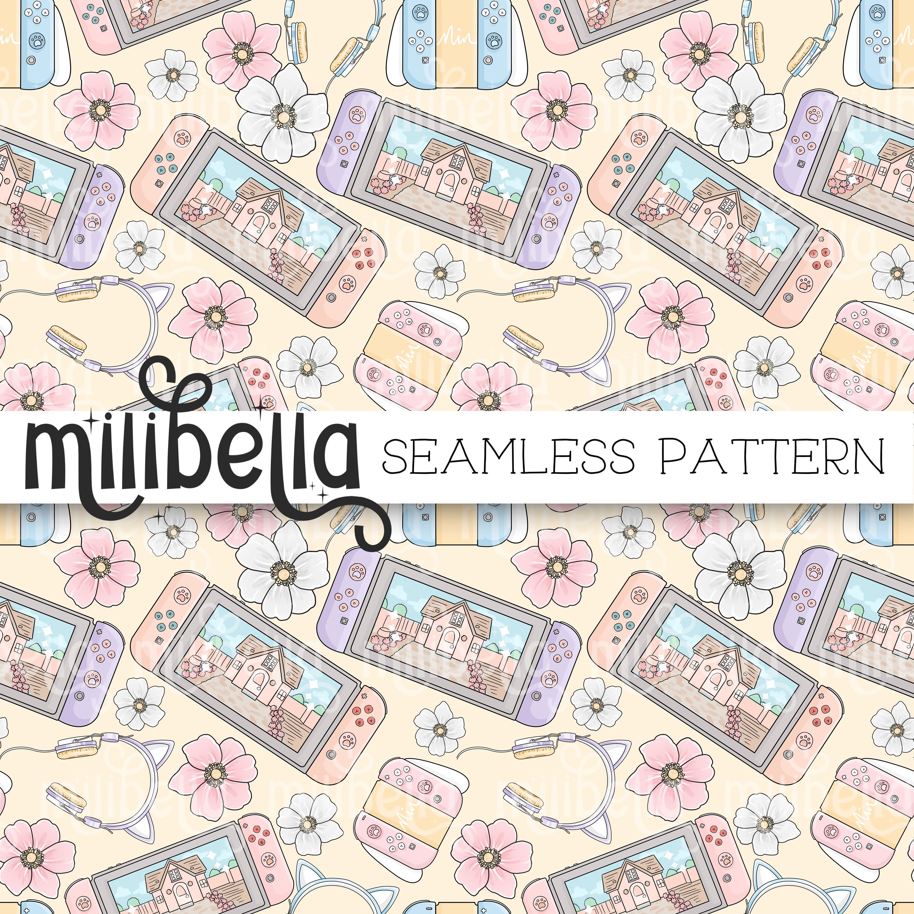 Gamer Girl, Switch, Gaming, Flowers, Pastel, Seamless Pattern, Seamless ...