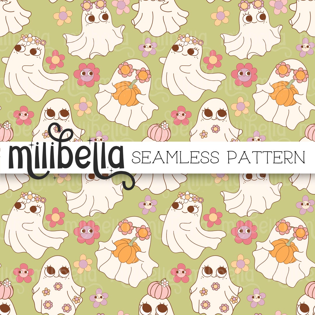 Halloween Seamless Pattern, Flower Ghosts, Boho, Cute, Seamless File ...