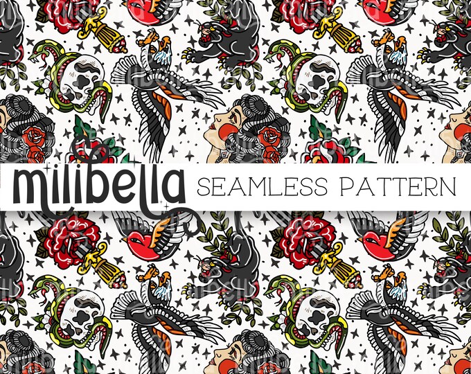 Traditional Tattoo Seamless Pattern, Old School, Bird, Star, Seamless ...