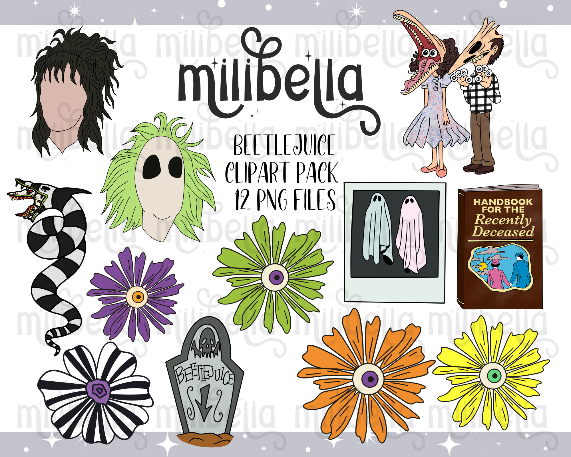 Beetlejuice Clip Art Set Halloween Lydia Movie Classic Hand Drawn Sublimation Graphic