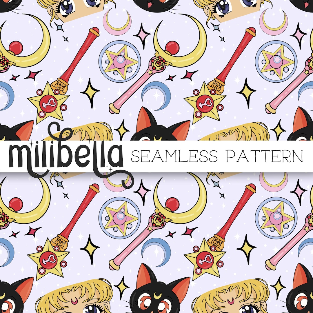 Anime Moon Cat Star Hero Magic Wand Seamless Digital Pattern Instant ...