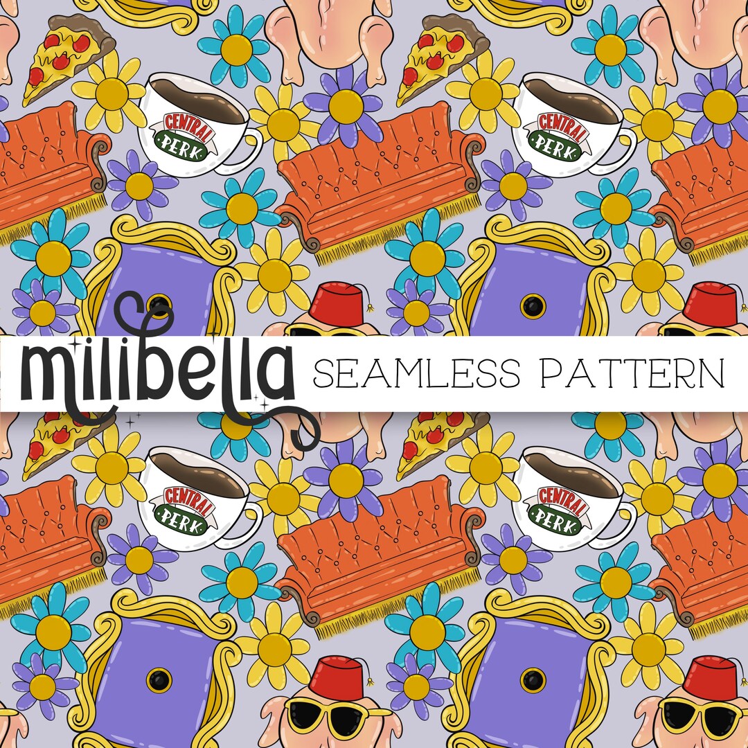 Friends Seamless Pattern, Couch, 90's TV Show, Pizza, Hand Drawn ...