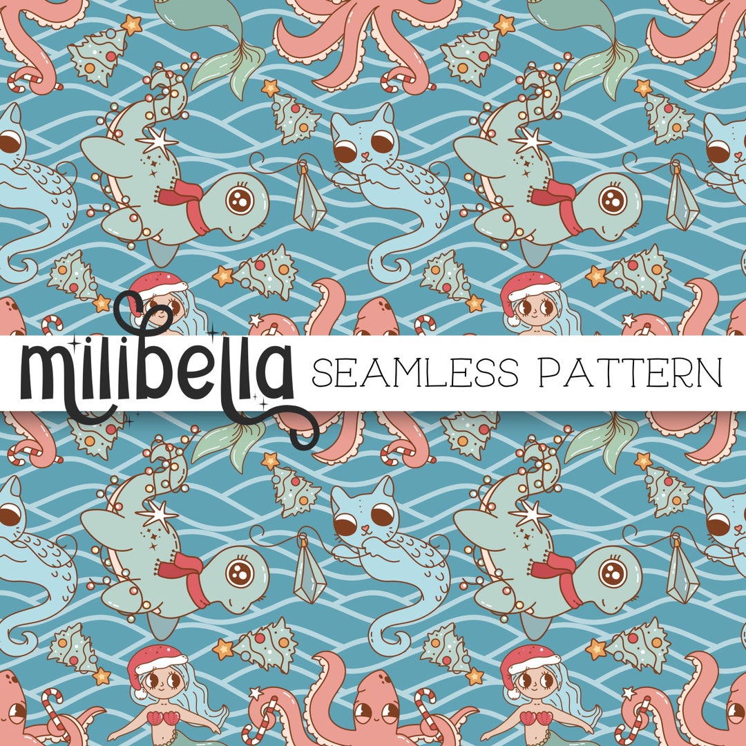 Sea Creatures Cryptid Christmas, Ocean, Mermaid, Groovy, Seamless ...
