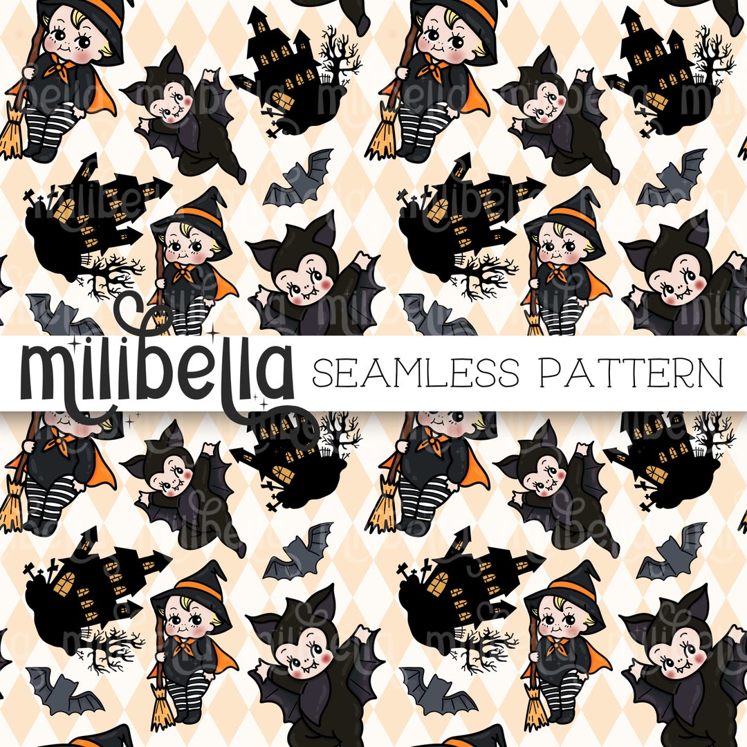 Kewpie Halloween, Bat, Witch, Haunted House, Seamless Pattern, Seamless ...