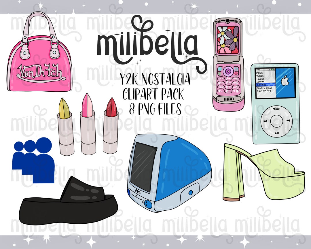 Y2K Nostalgia Clip Art Set, 2000s, Fashion, Phone, Technology, Makeup ...
