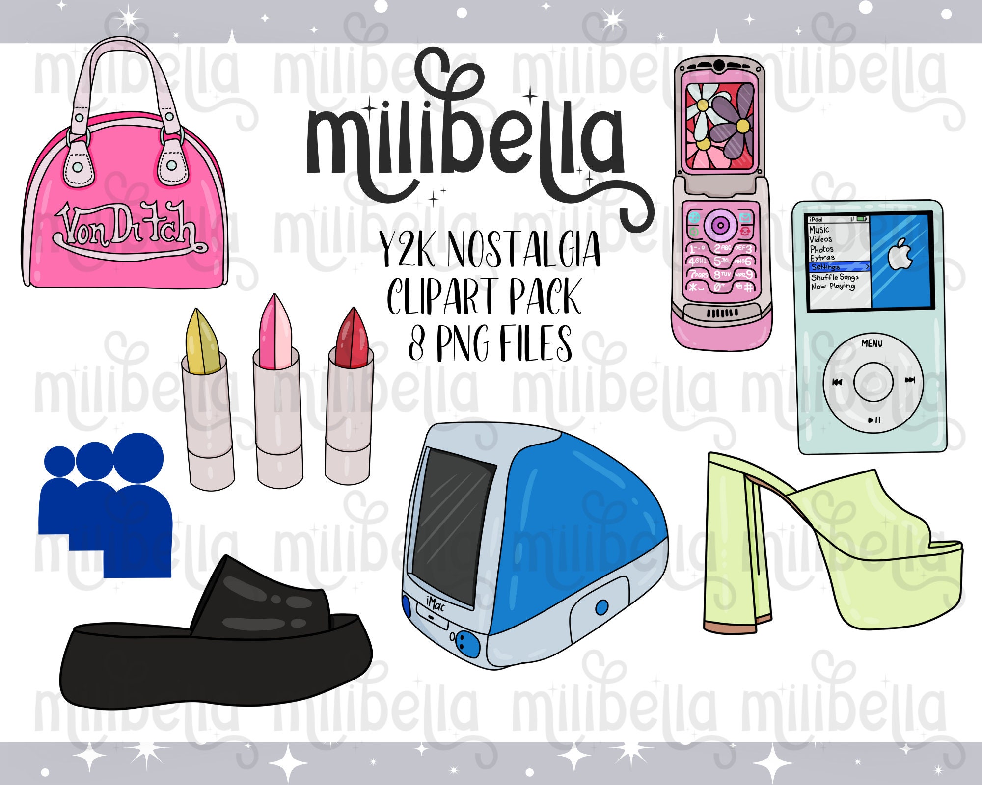 Y2K Nostalgia Clip Art Set, 2000s, Fashion, Phone, Technology, Makeup ...