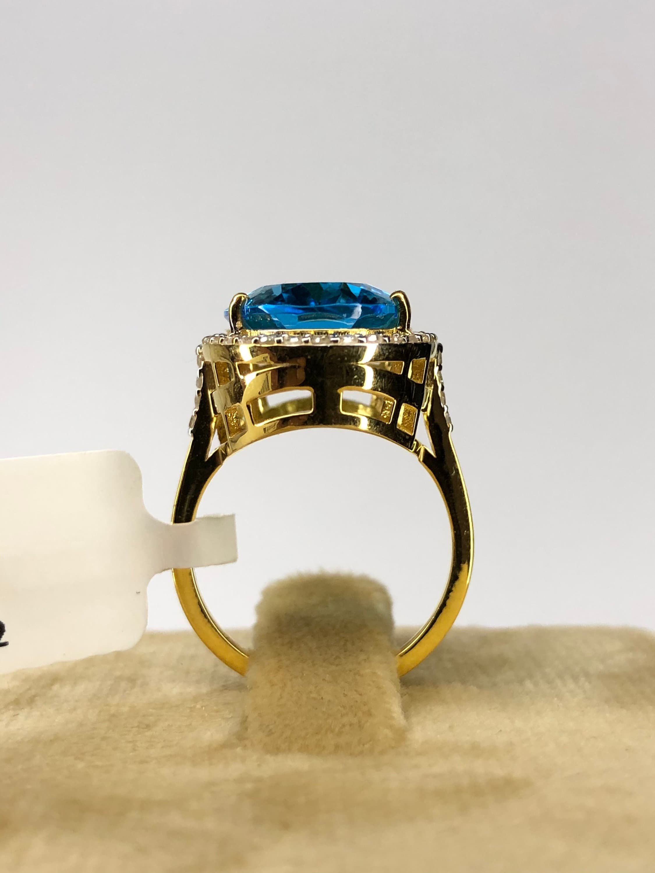 14K Yellow Gold Swiss Blue Topaz Ring: Oval Diamond Halo Engagement ...