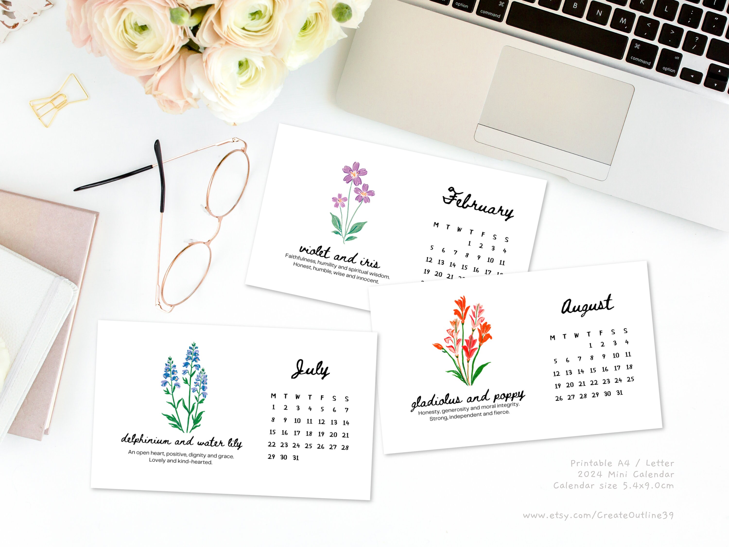 Birth Month Flowers. Printable 2024 Mini Calendar. Monday - Etsy