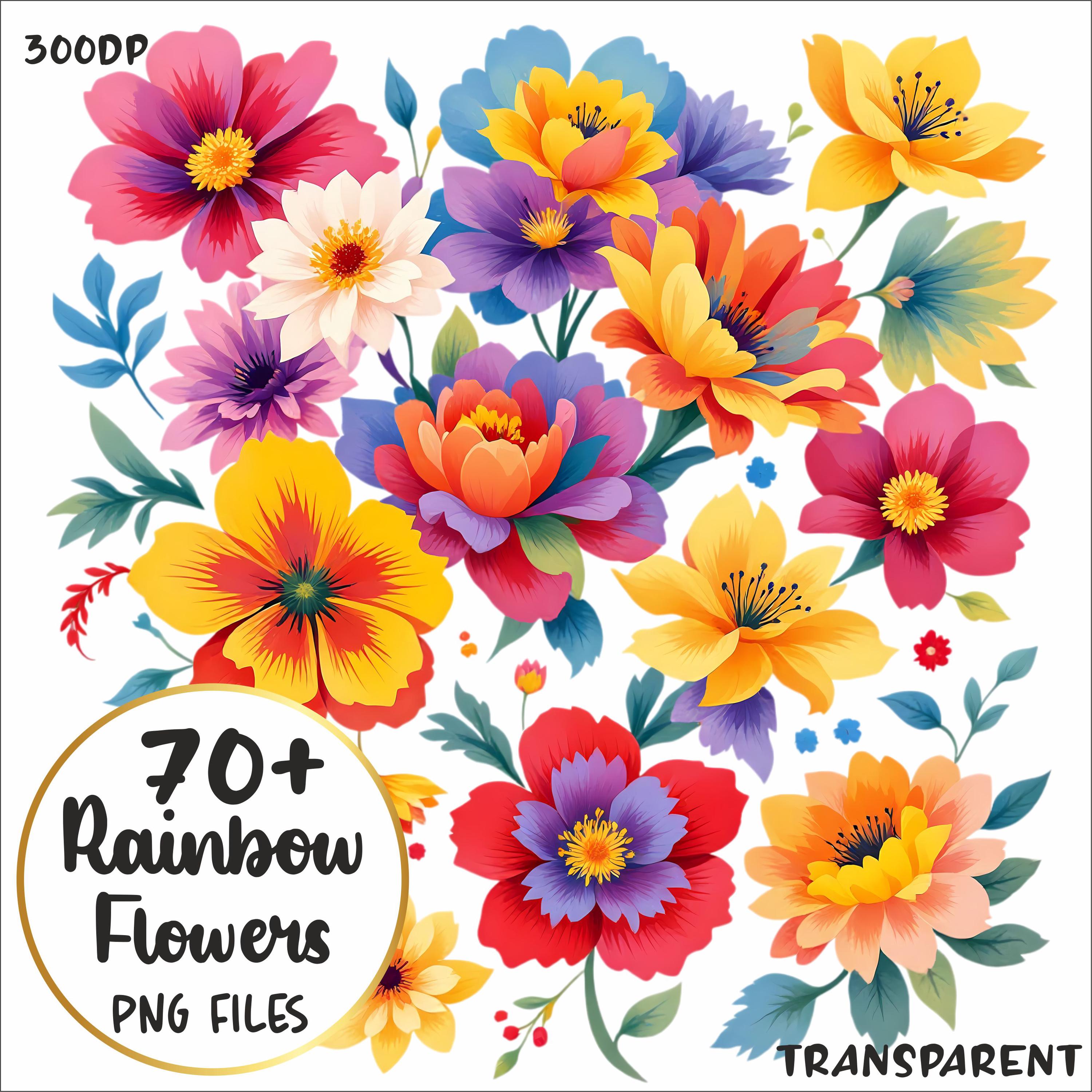 Rainbow Flowers Clipart Bundle: Watercolor Floral PNG Set (digital ...