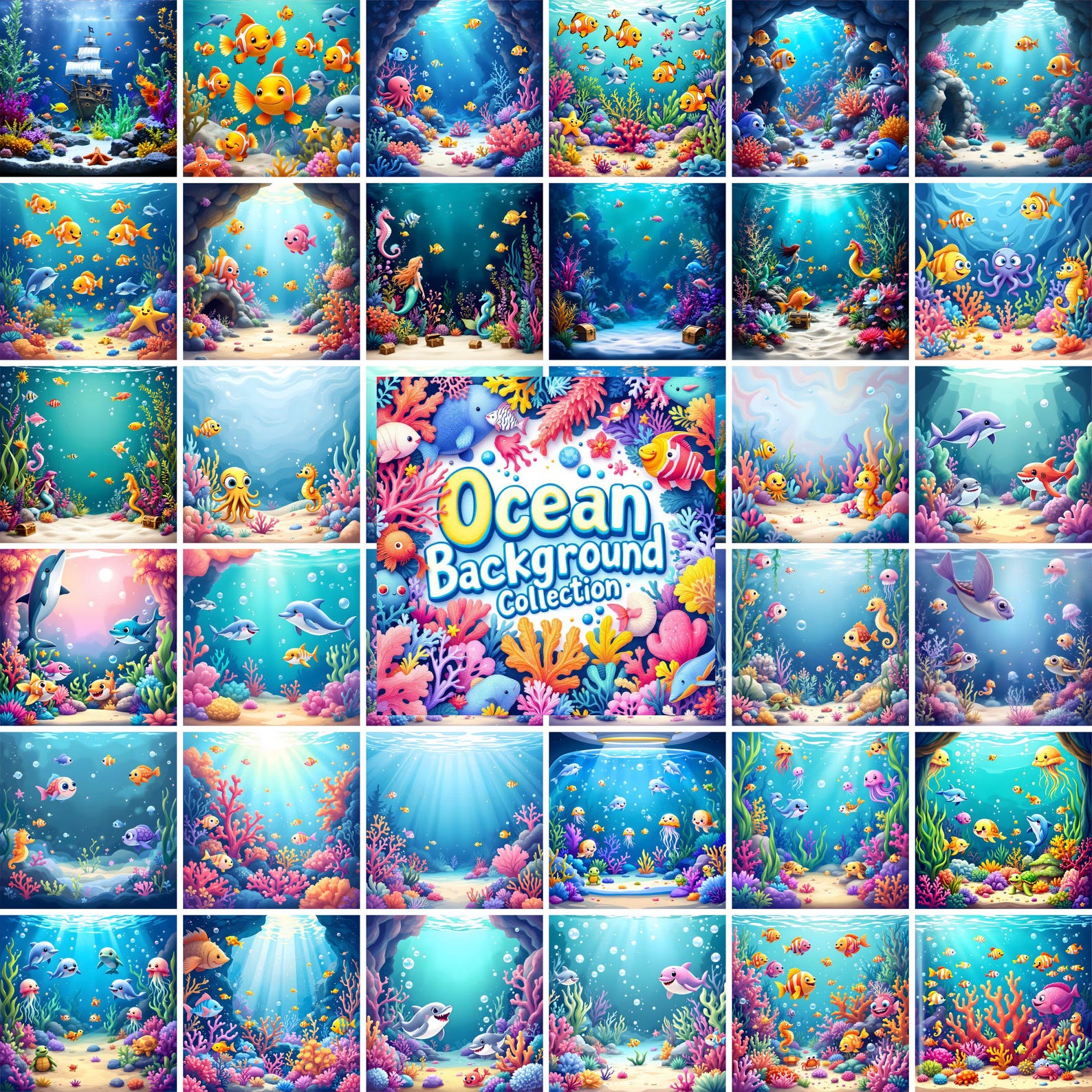 Ocean Background Clipart Bundle for Kids, 120+ Cute Underwater Digital ...