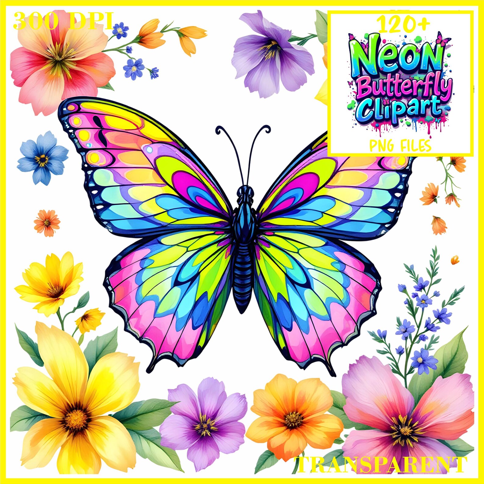 Neon Butterfly Clipart Set: 120+ Colorful Floral PNG Graphics - Etsy