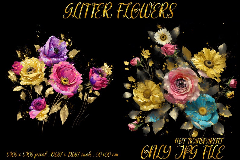 Glitter Flower Clip Art on Black Background Volume 2, Add a Touch of ...