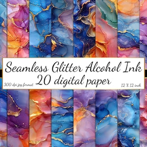 Seamless Glitter Alcohol Ink Digital Paper Bundle, 20 Abstract Glitter ...