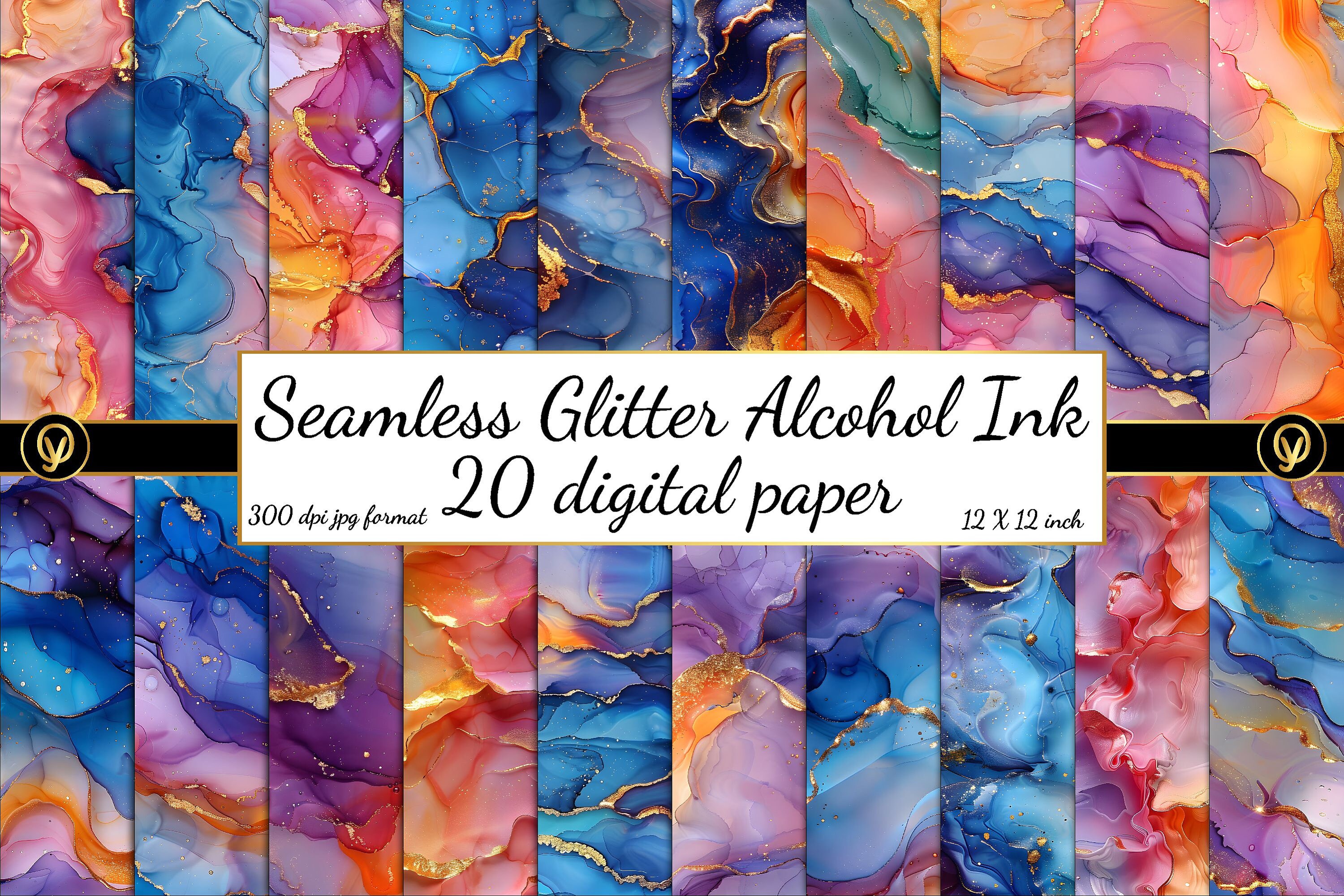 Seamless Glitter Alcohol Ink Digital Paper Bundle, 20 Abstract Glitter ...