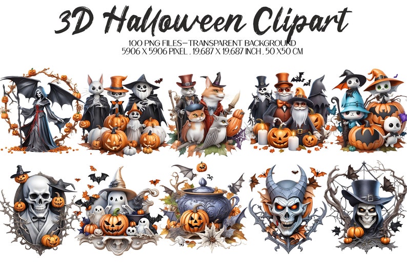 3D Scary Halloween Clipart Bundle,100 PNG 3D Halloween Characters ...
