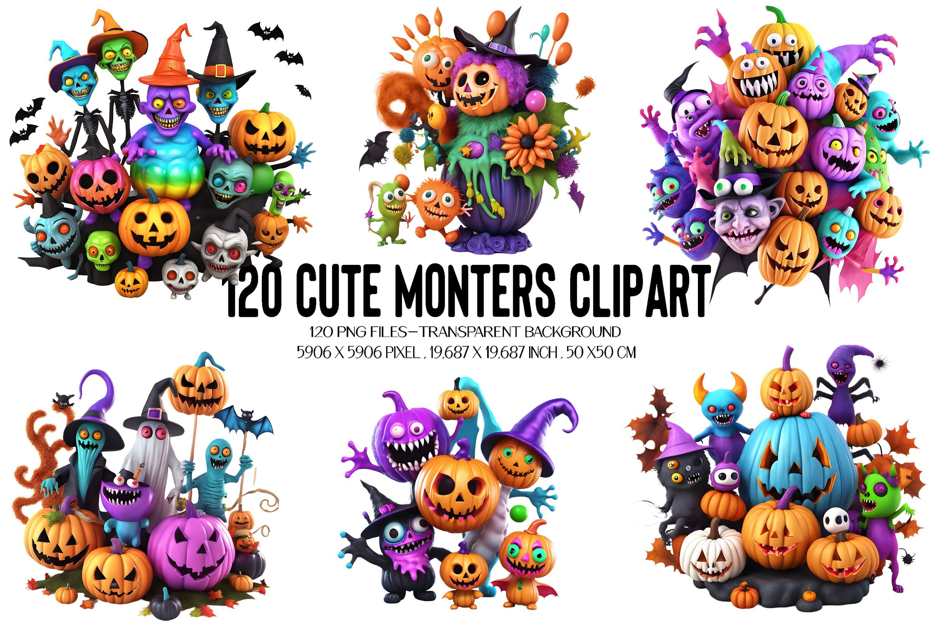 Neon Color Halloween Monster Clipart's, 120 PNG Clipart, Cute Monster ...