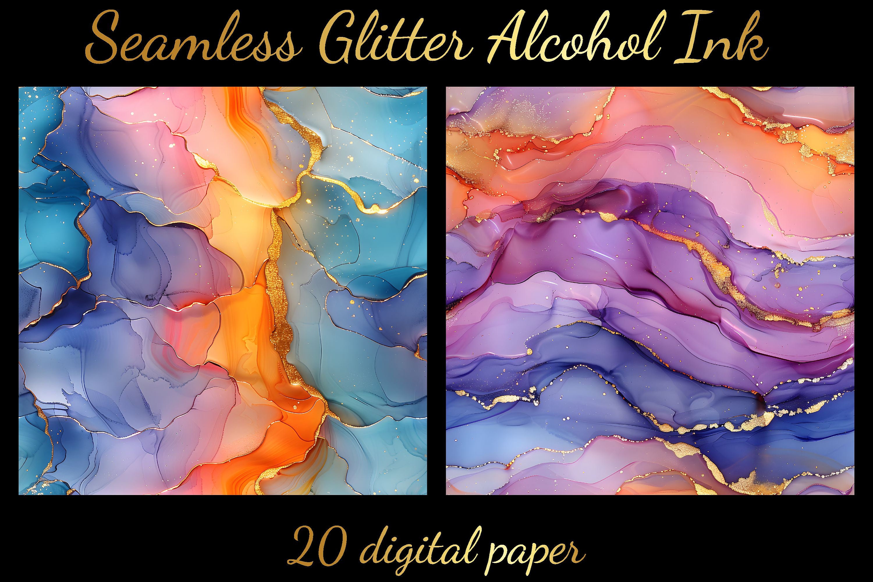 Seamless Glitter Alcohol Ink Digital Paper Bundle, 20 Abstract Glitter ...