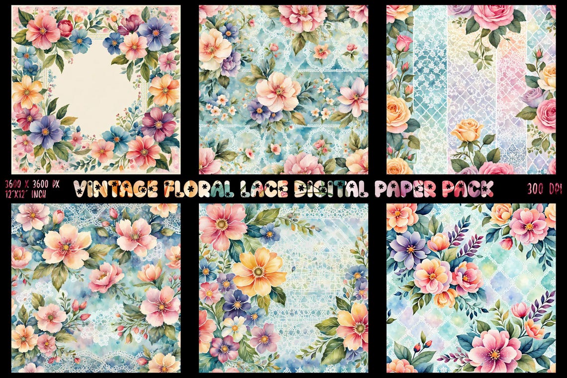 Watercolor Floral Lace Digital Paper: Shabby Chic Scrapbook (digital ...