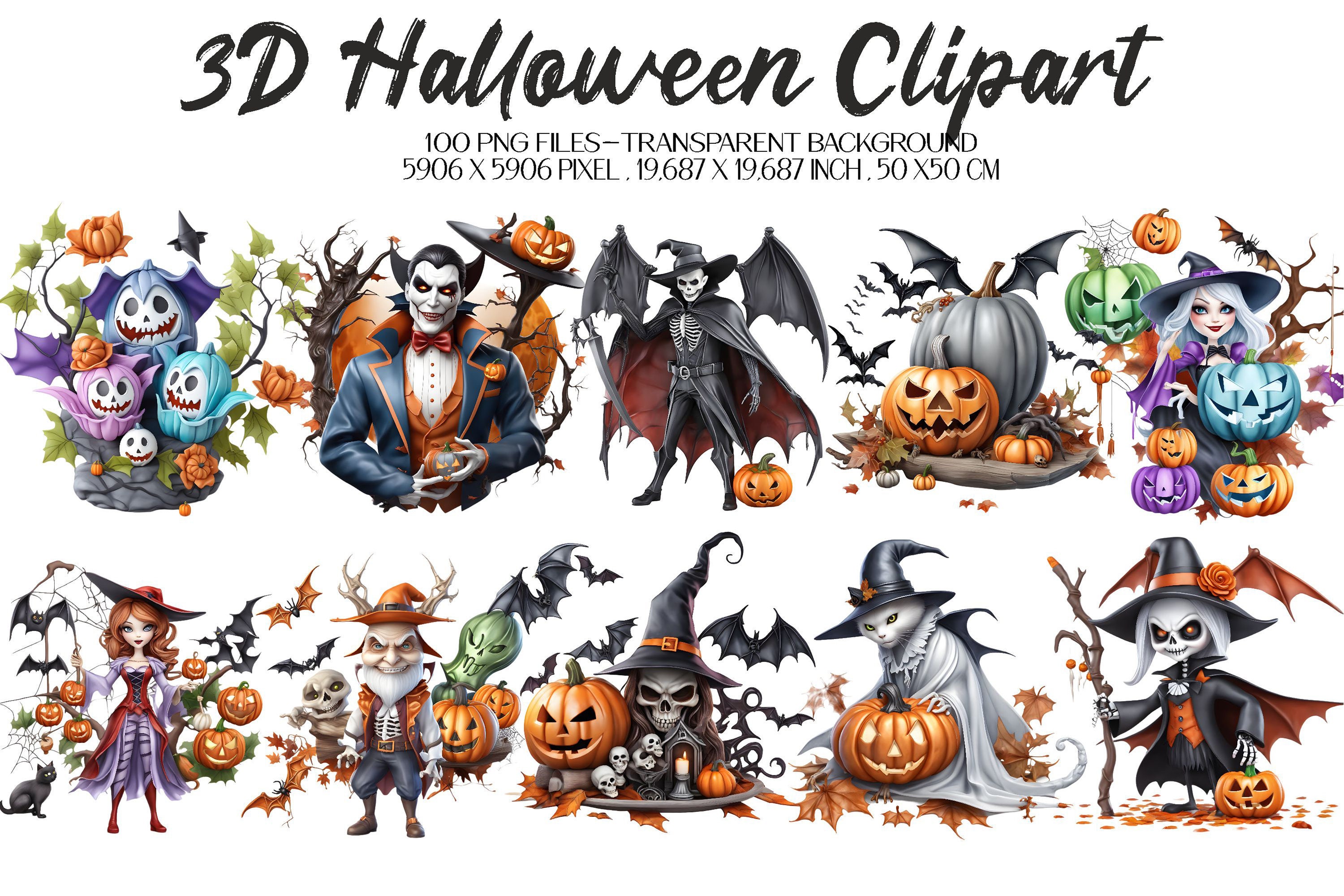 3D Scary Halloween Clipart Bundle,100 PNG 3D Halloween Characters ...