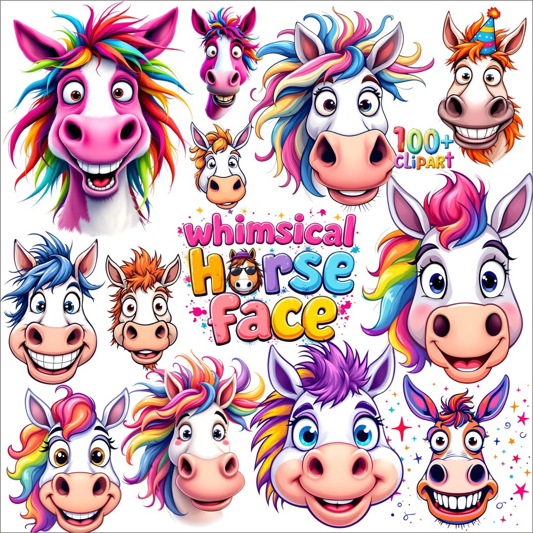 Whimsical Horse Face Clipart Bundle | 100+ Digital Horse Illustrations ...