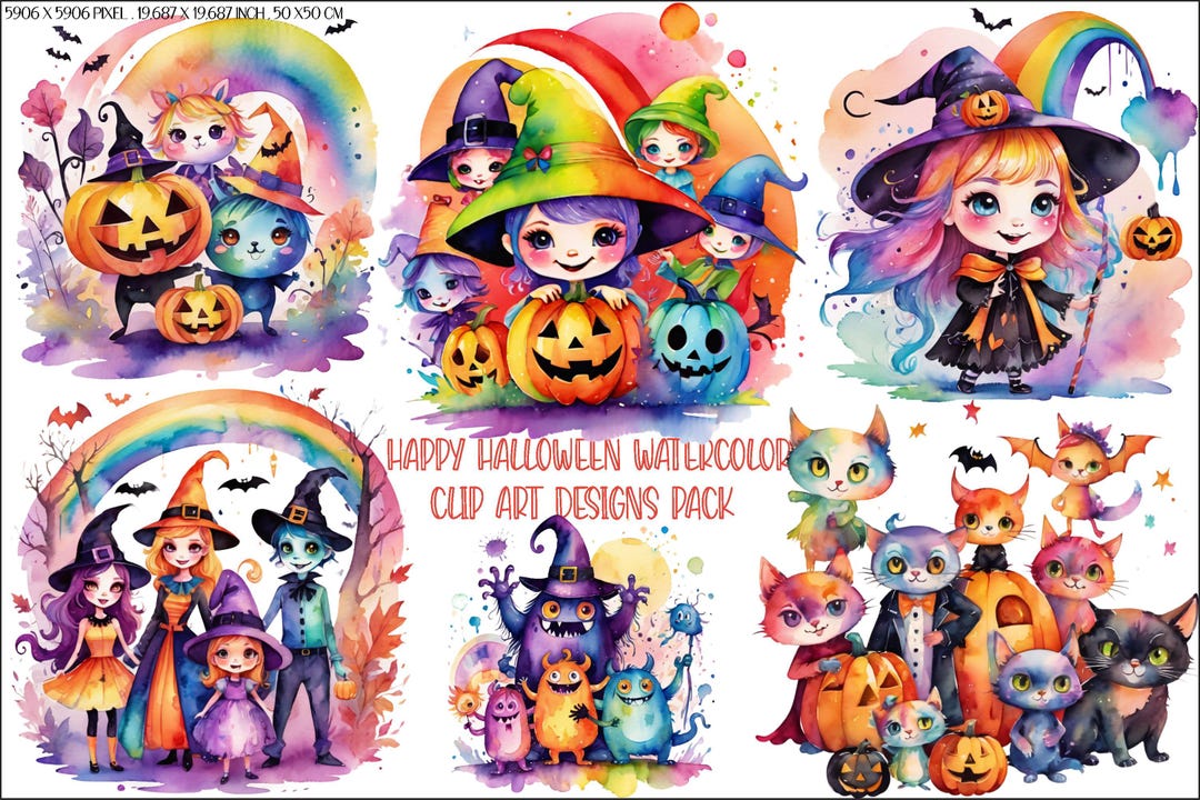 Watercolor Halloween Clipart, Witch, Pumpkin Designs (digital Download ...