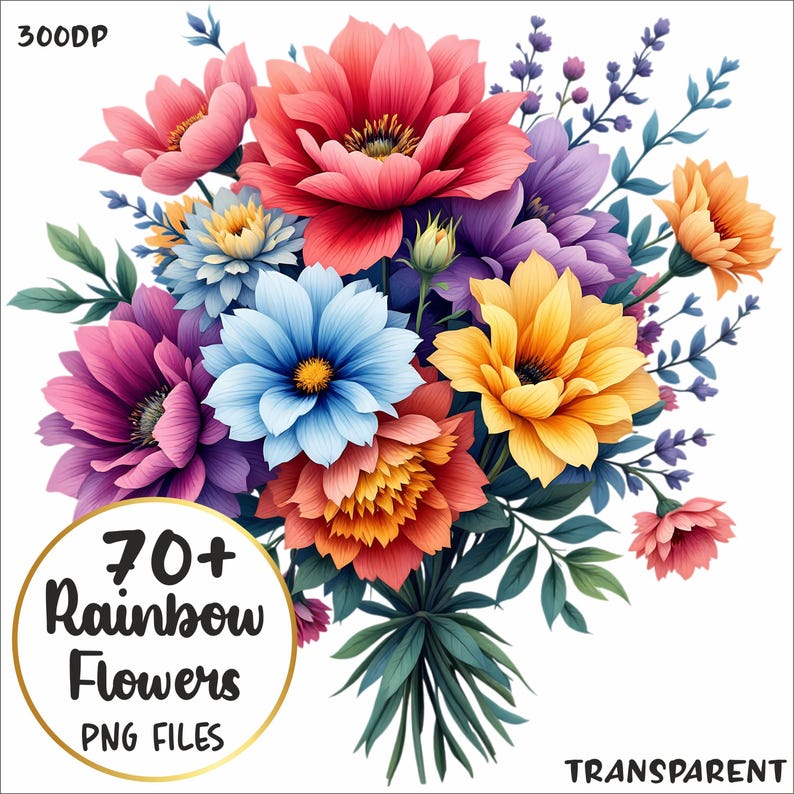 Rainbow Flowers Clipart Bundle: Watercolor Floral PNG Set (digital ...