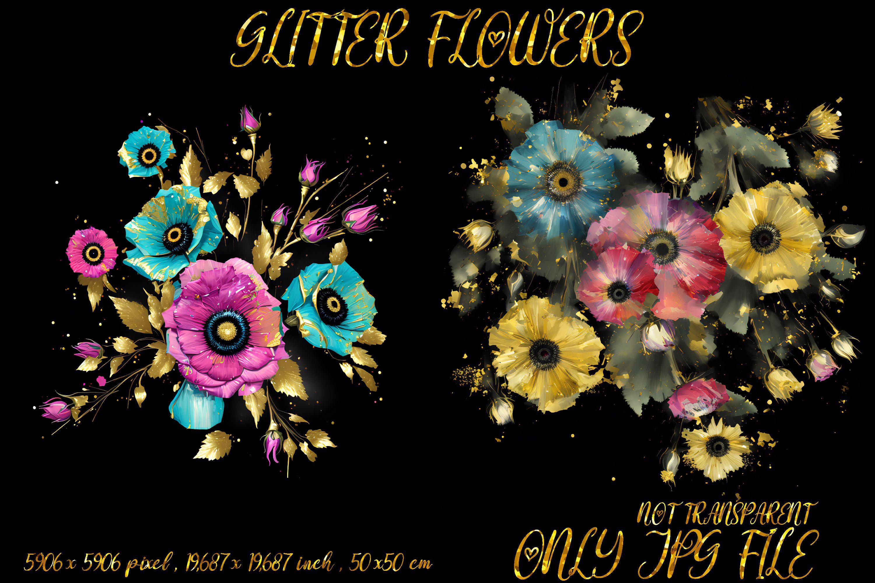 Glitter Flower Clip Art: Black Background Floral Designs (JPG) - Etsy