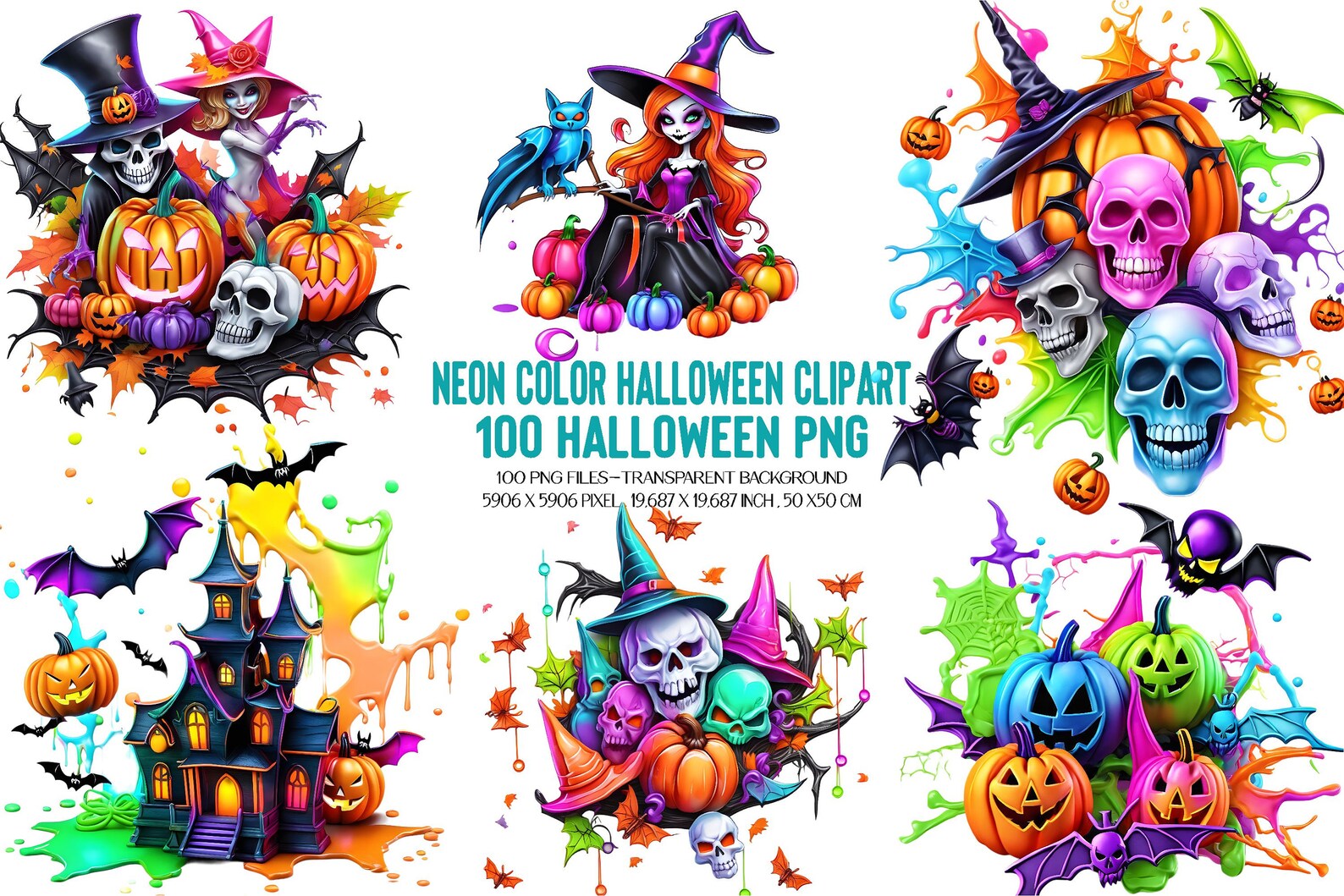 Neon Halloween Clipart Bundle: 100 PNG Designs (digital Download) - Etsy