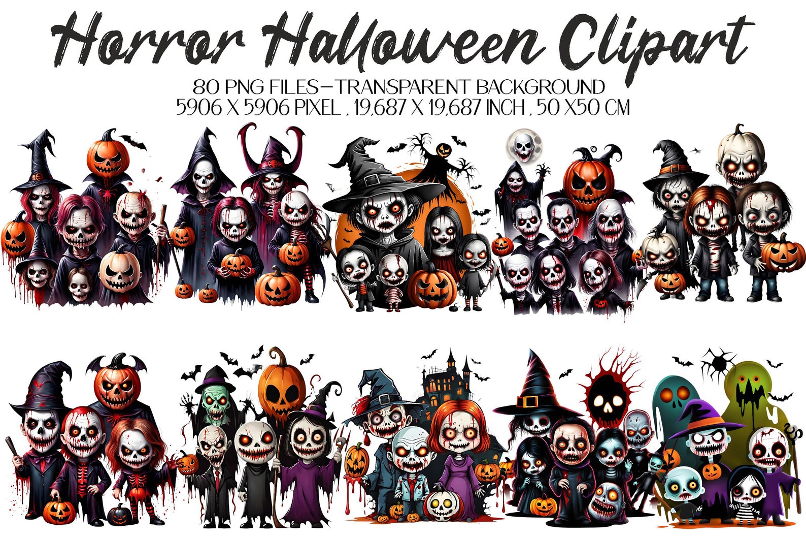 80 Horror Halloween Characters Clipart PNG Bundle, Scary Halloween ...