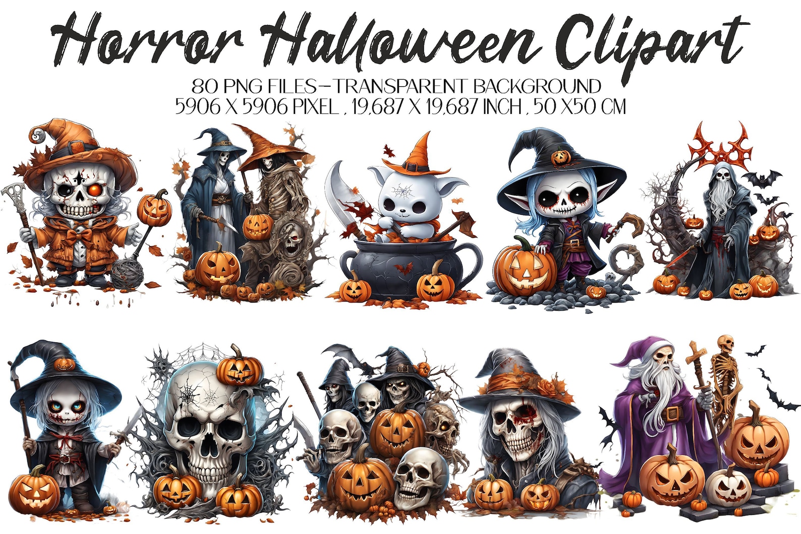 80 Horror Halloween Characters Clipart PNG Bundle, Scary Halloween ...