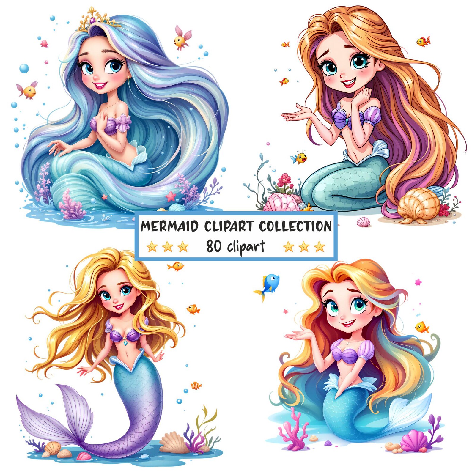 80 Mermaid Clipart Bundle, Cute Mermaid Clipart Collection, Under the ...