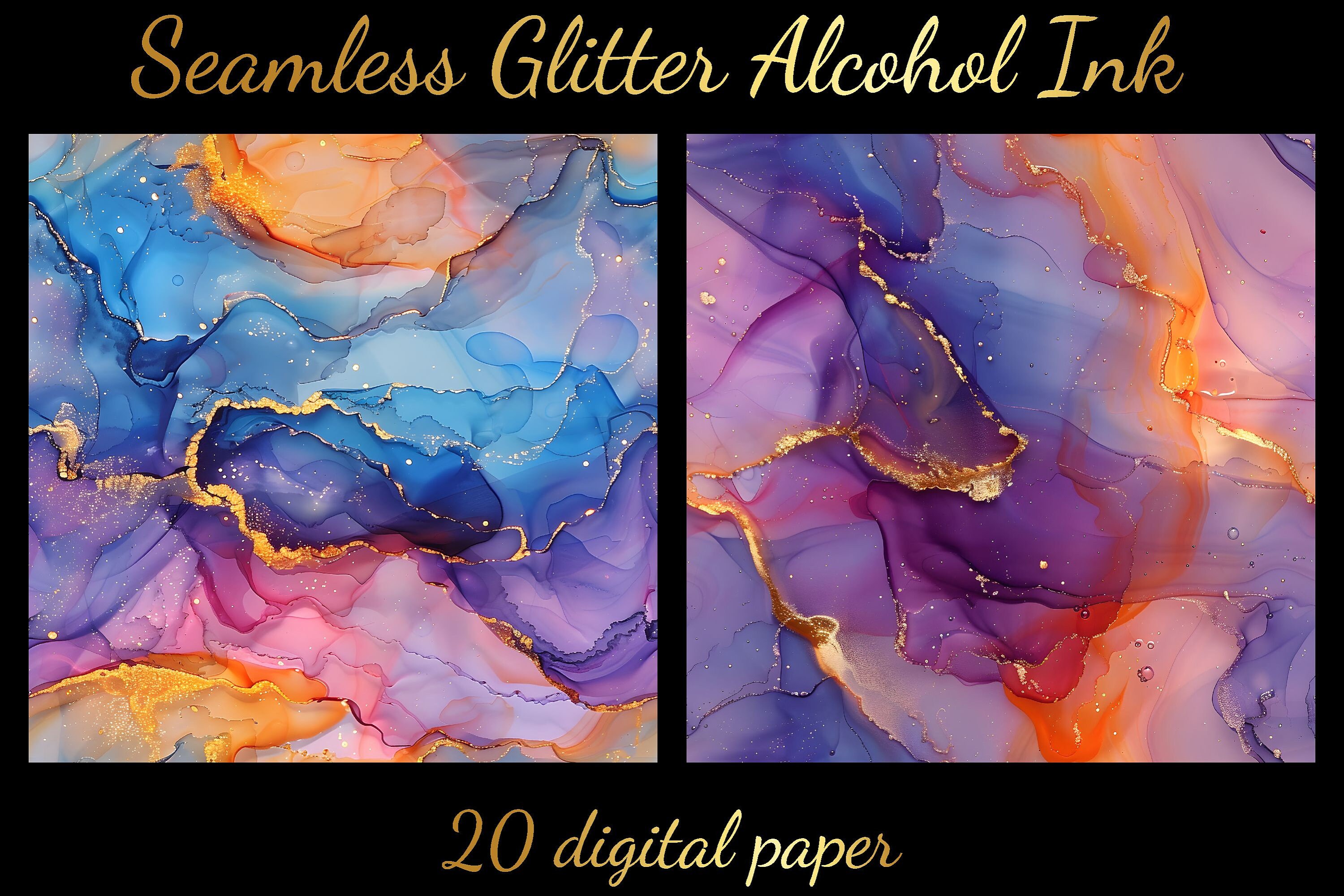 Seamless Glitter Alcohol Ink Digital Paper Bundle, 20 Abstract Glitter ...