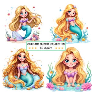 80 Mermaid Clipart Bundle, Cute Mermaid Clipart Collection, Under the ...
