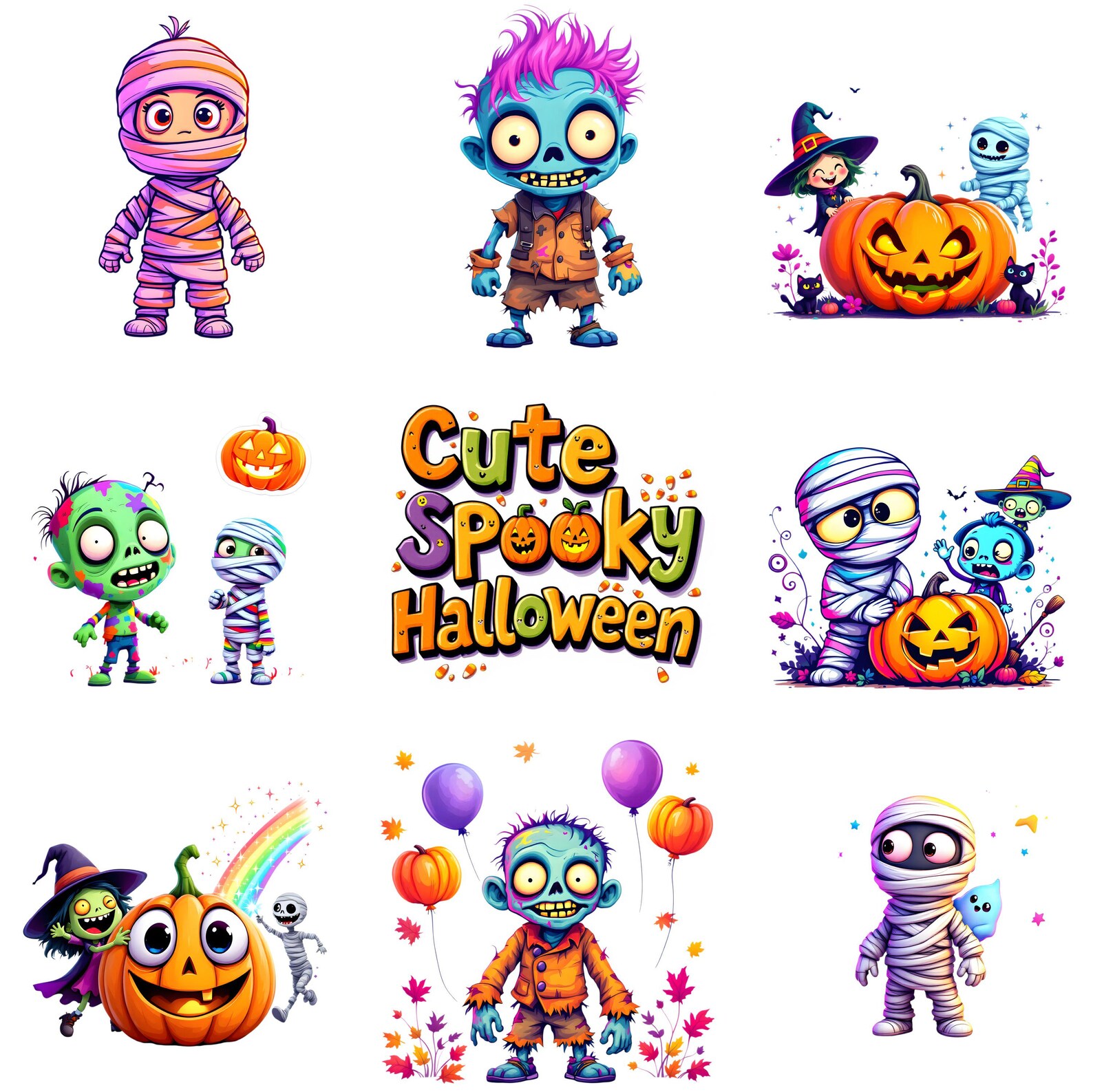 Cute Spooky Halloween Clipart Bundle With 150+ PNG Witches Zombies ...