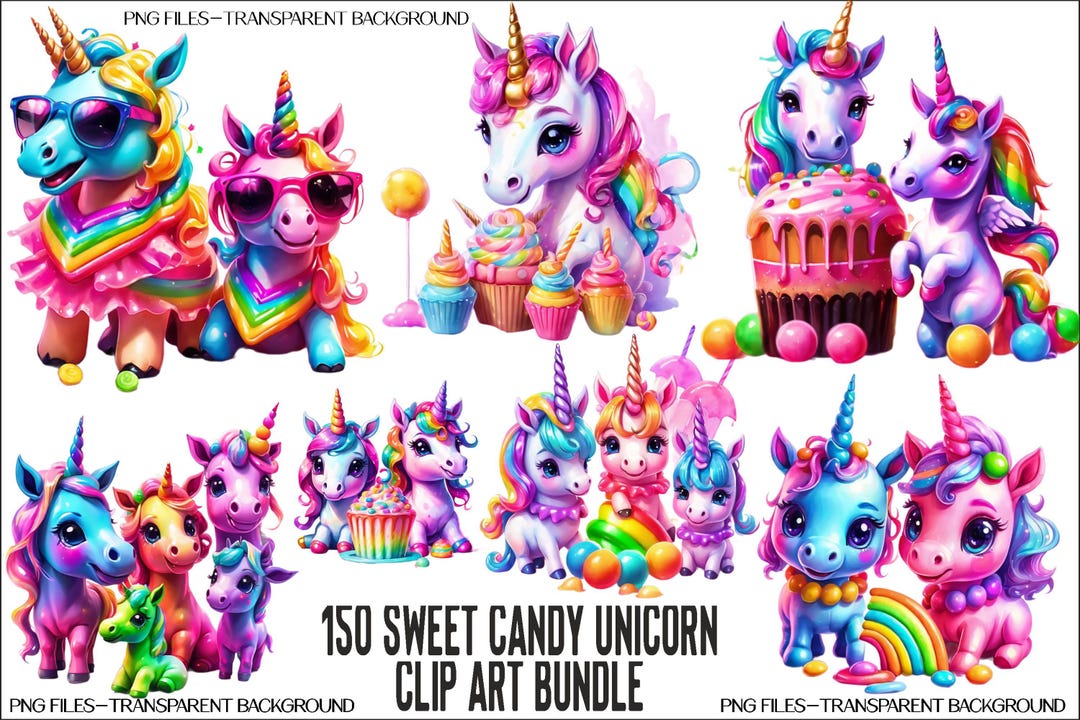 150 Sweet Candy Unicorn Clipart's Bundle, Cute Rainbow Colors Unicorn ...