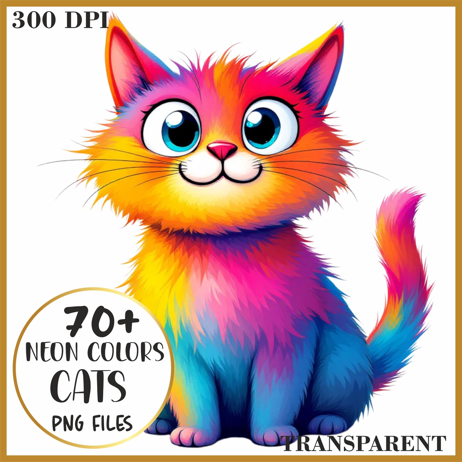 Neon Rainbow Cat Clipart PNG Bundle: 70+ Illustrations (digital ...