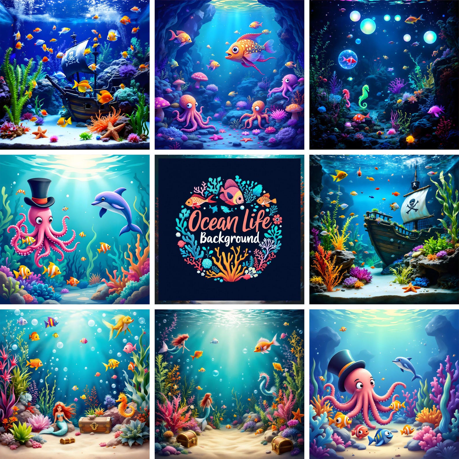 Ocean Background Clipart Bundle for Kids, 120+ Cute Underwater Digital ...