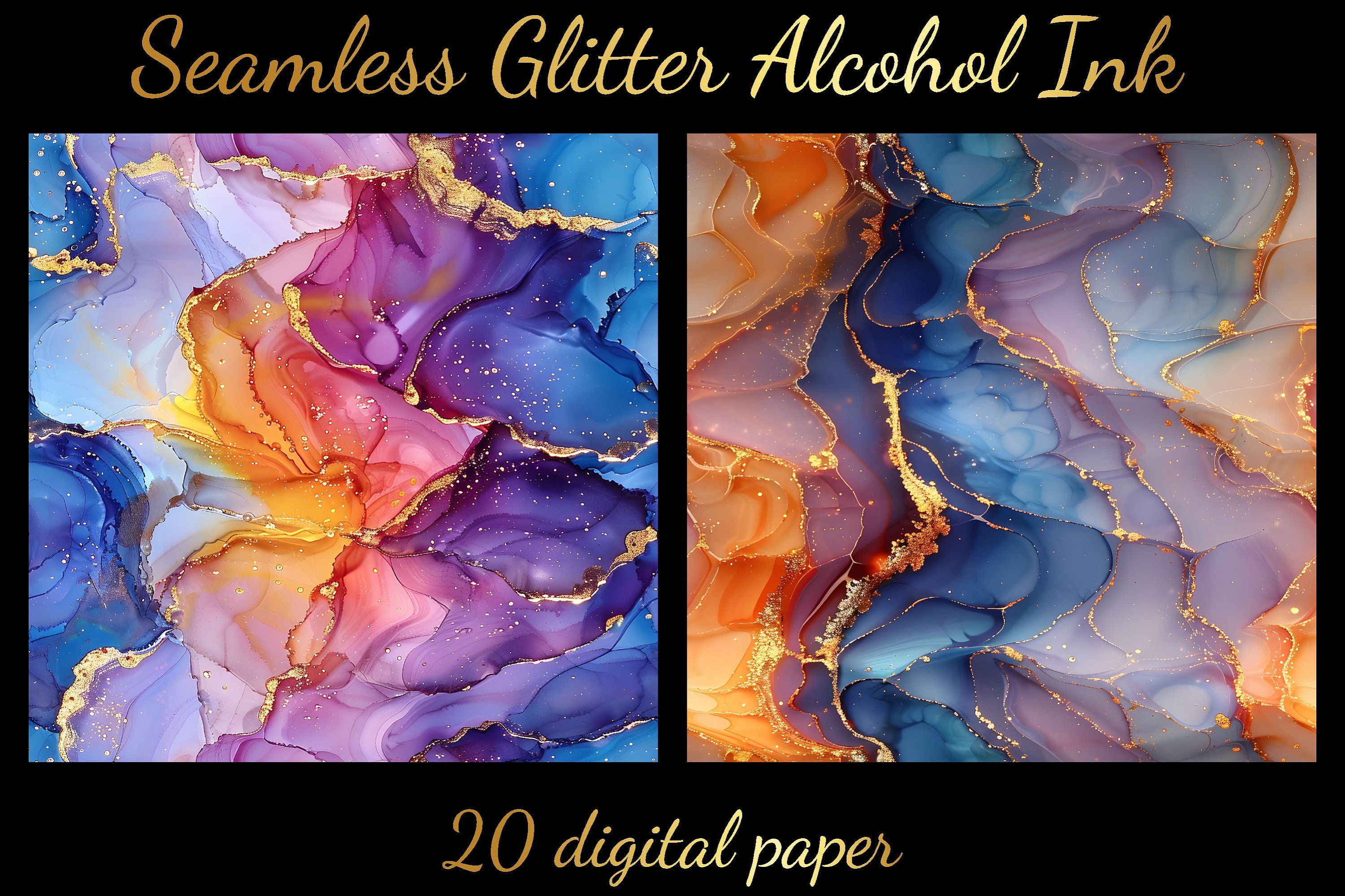 Seamless Glitter Alcohol Ink Digital Paper Bundle, 20 Abstract Glitter ...