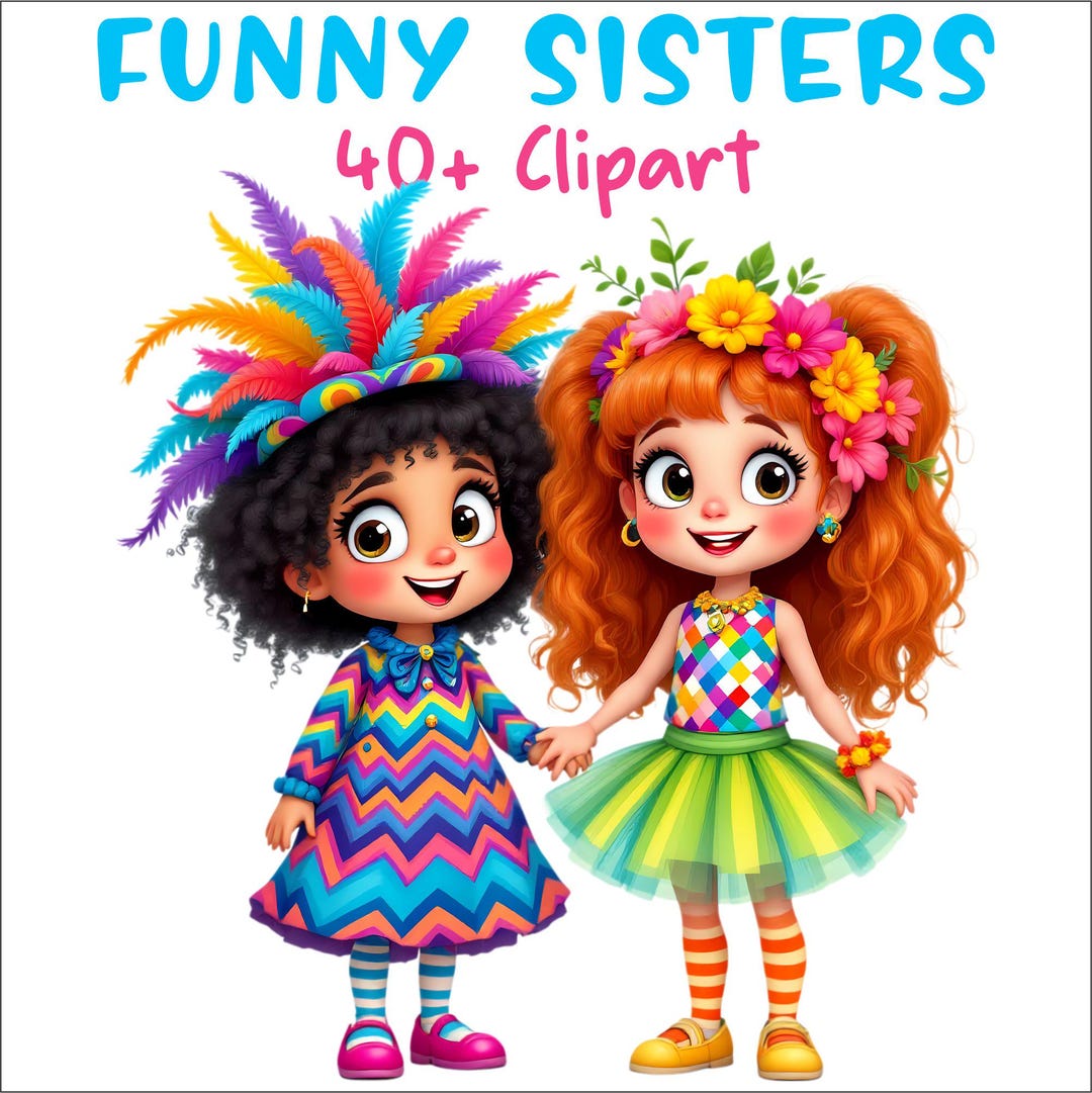 Cute Sisters Clipart Set, Funny Cartoon Girls PNG, Whimsical Kids ...