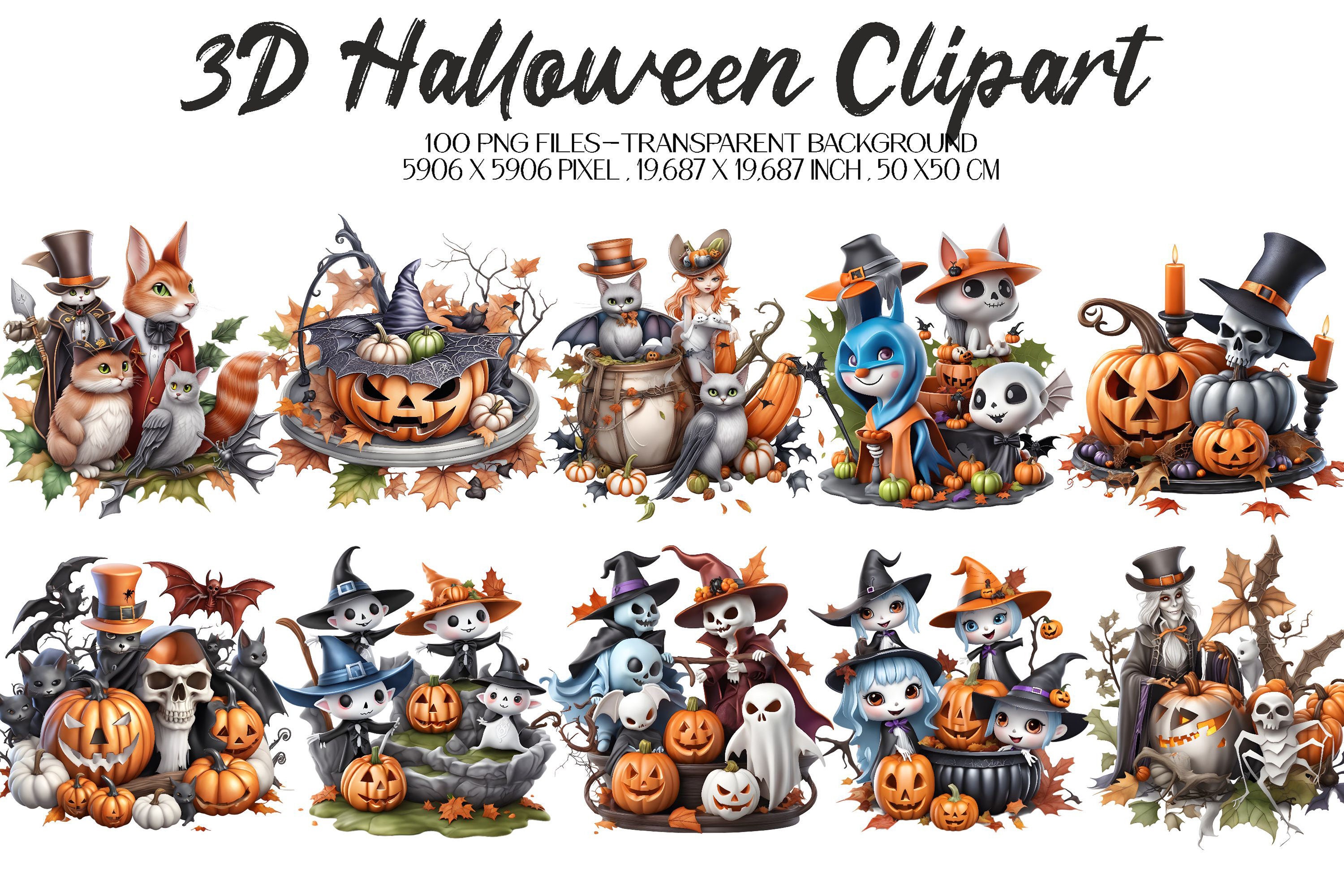 3D Scary Halloween Clipart Bundle,100 PNG 3D Halloween Characters ...
