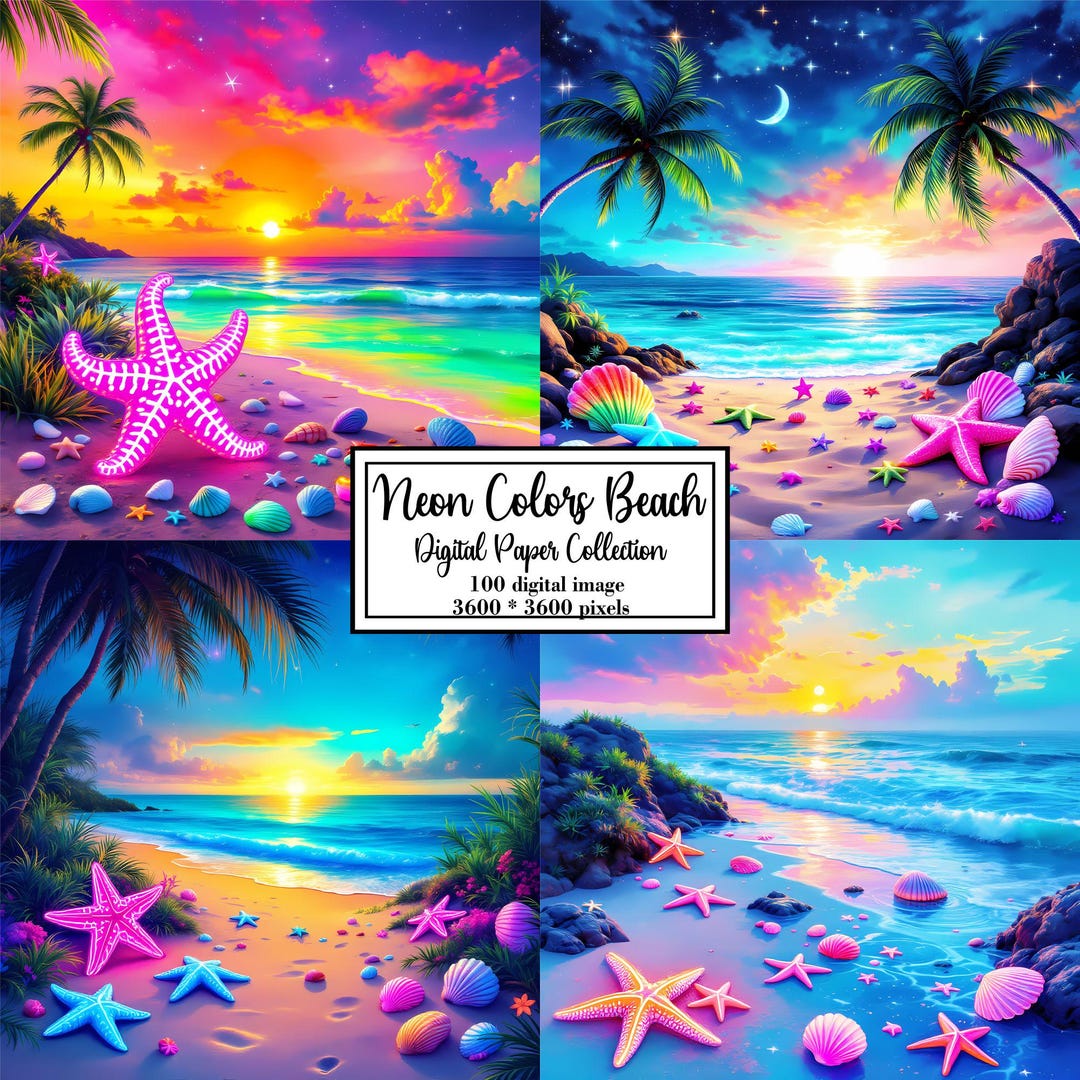 Fantasy Beach Digital Paper, Neon Beach Digital Paper, Tropical Neon ...