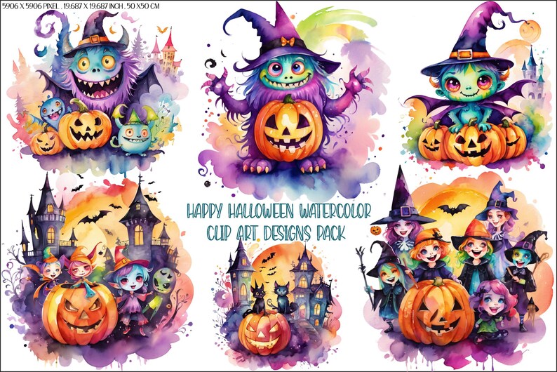 Watercolor Halloween Clipart, Witch, Pumpkin Designs (digital Download ...