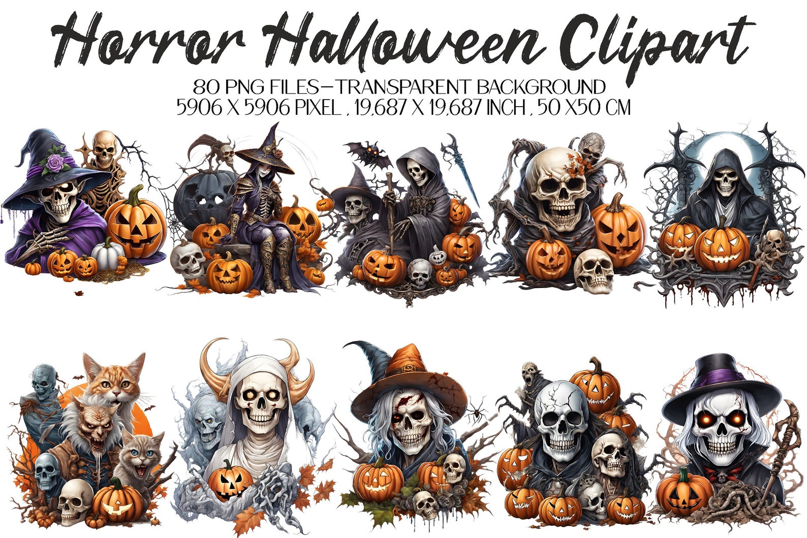 80 Horror Halloween Characters Clipart PNG Bundle, Scary Halloween ...