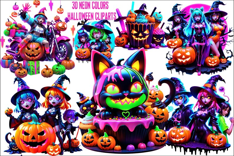 3D Neon Colors Cartoon Style Halloween Clip Art Bundle, 200 Halloween ...