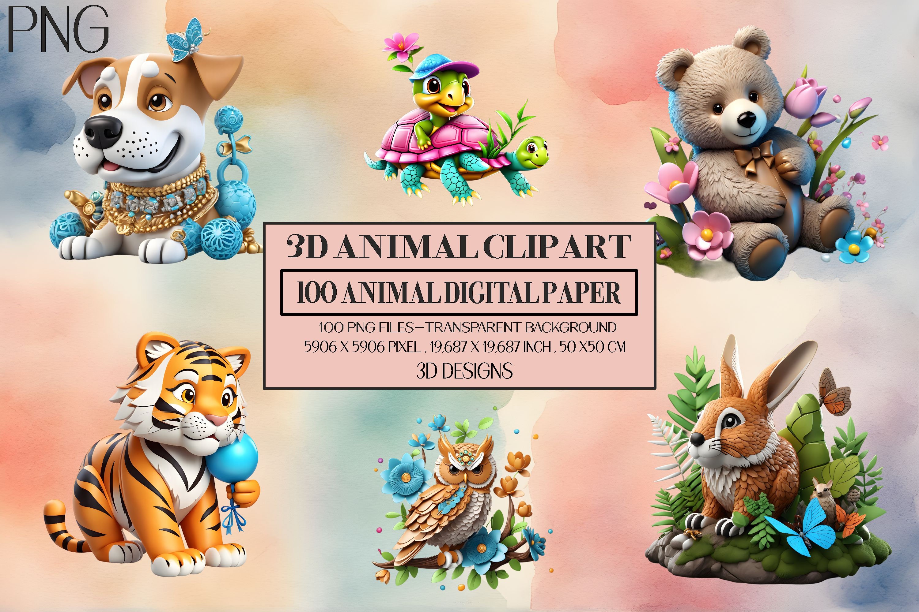 3D Realistic Cute Animal Clipart 1, 100 3D Funny Animals Illustration ...