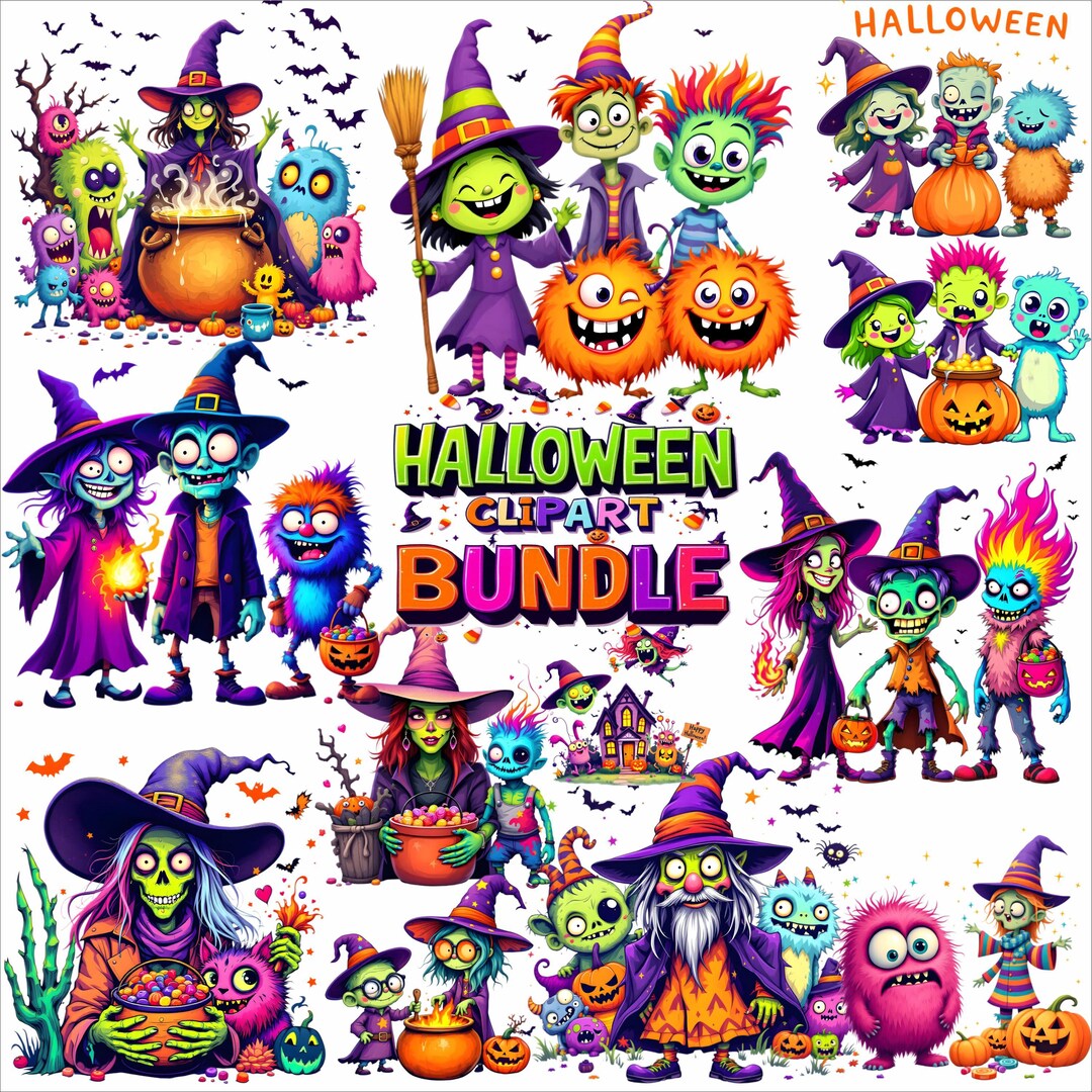 Halloween Clipart Bundle PNG, 120+ Cute Spooky Characters for DIY ...