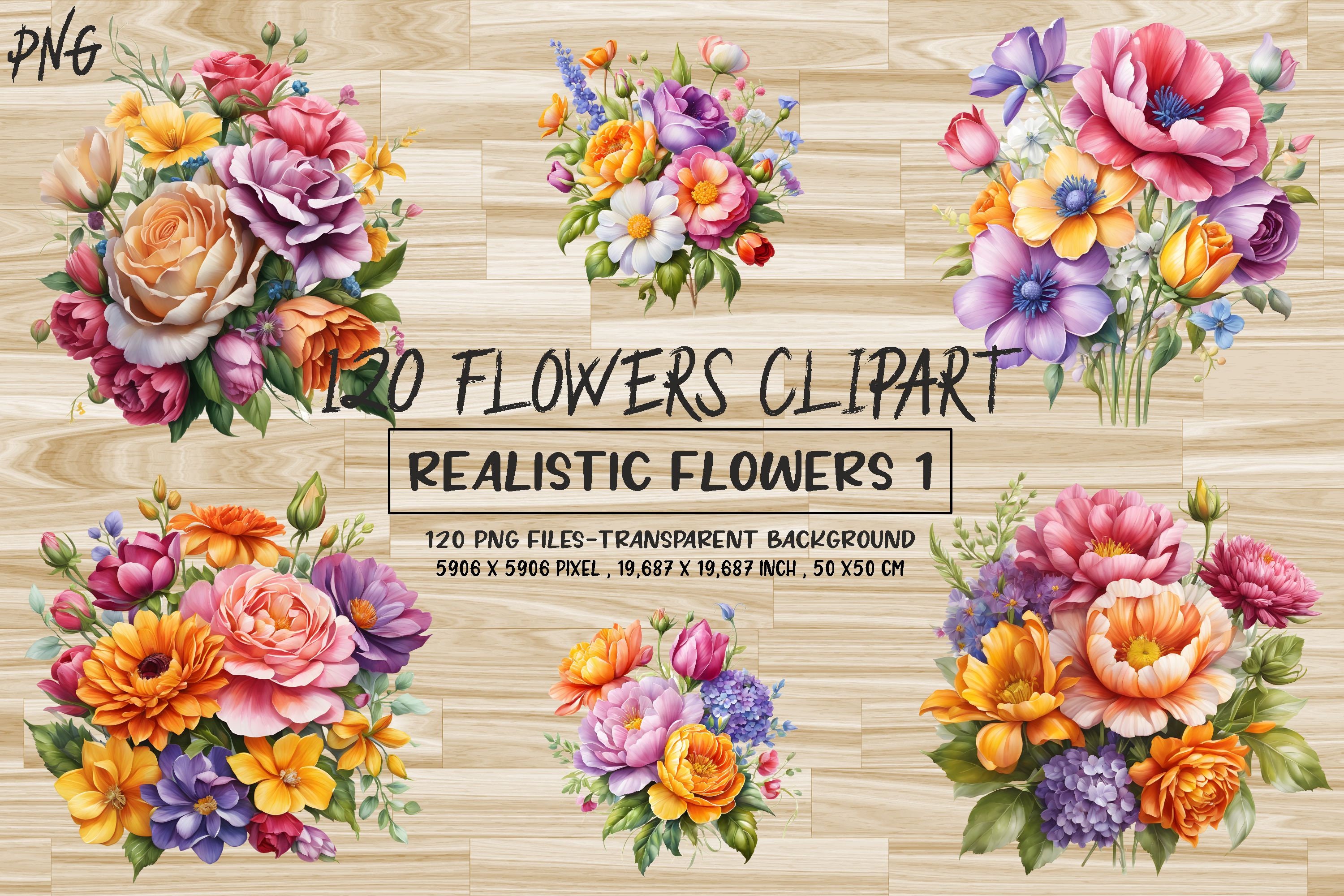 120 Realistic Flowers Clipart: PNG Floral Patterns (digital Download ...