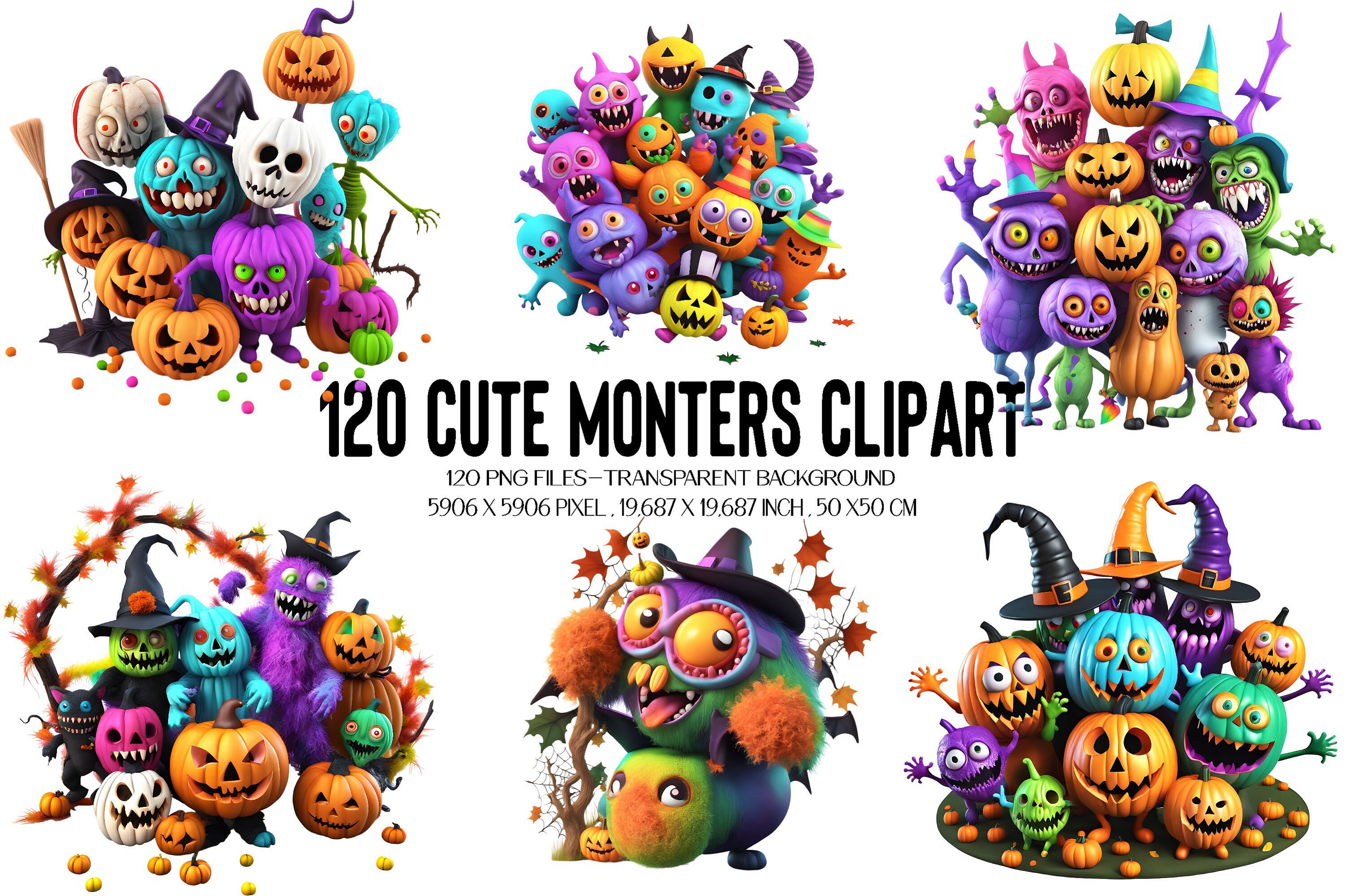 Neon Color Halloween Monster Clipart's, 120 PNG Clipart, Cute Monster ...